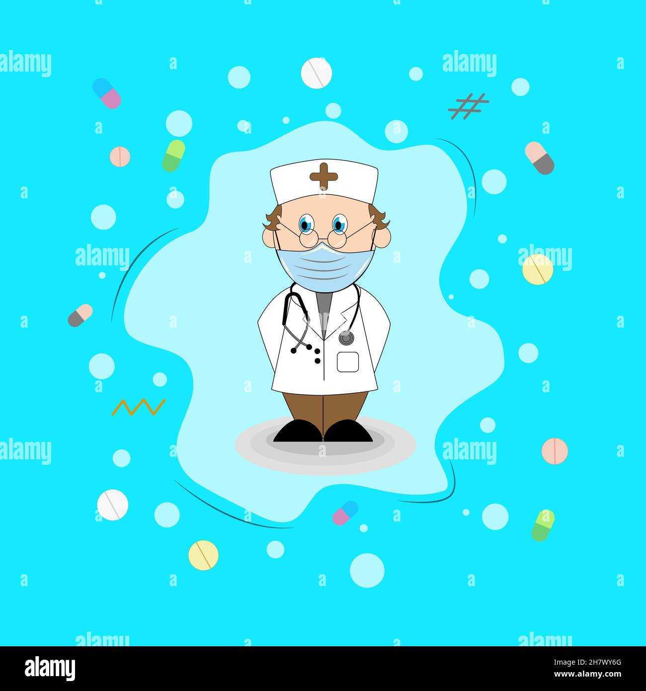 Illustration of a cartoon doctor in a mask on a background of design ...