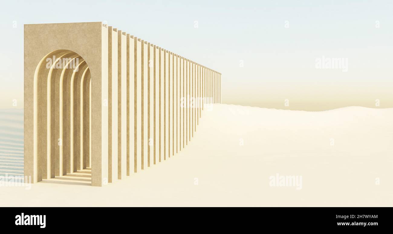 Path under concrete arches in desert. Majestic structure. Abstract ...