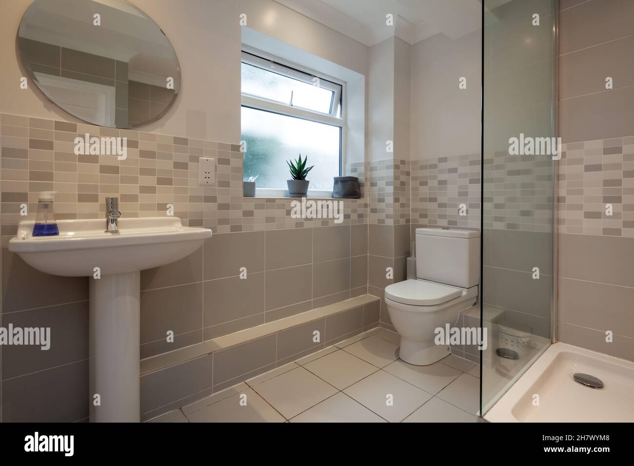 Generic Shower washroom wc staging with tiled walls and floor, glass ...