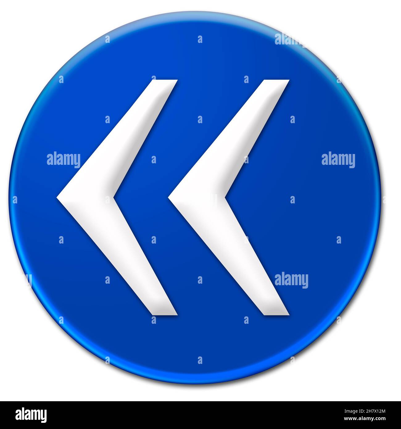 A white french quotes mark symbol left position on a blue glassy button ...