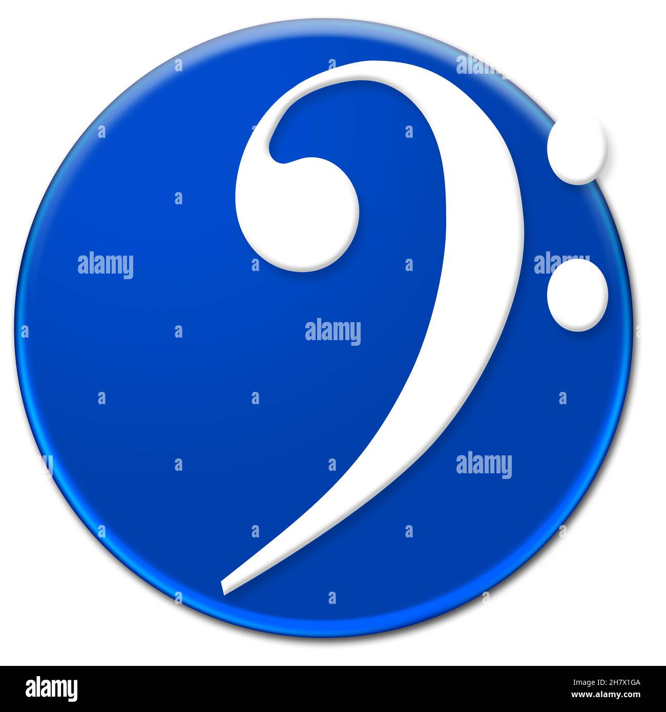 White bass clef sign on a blue glassy button isolated over white ...