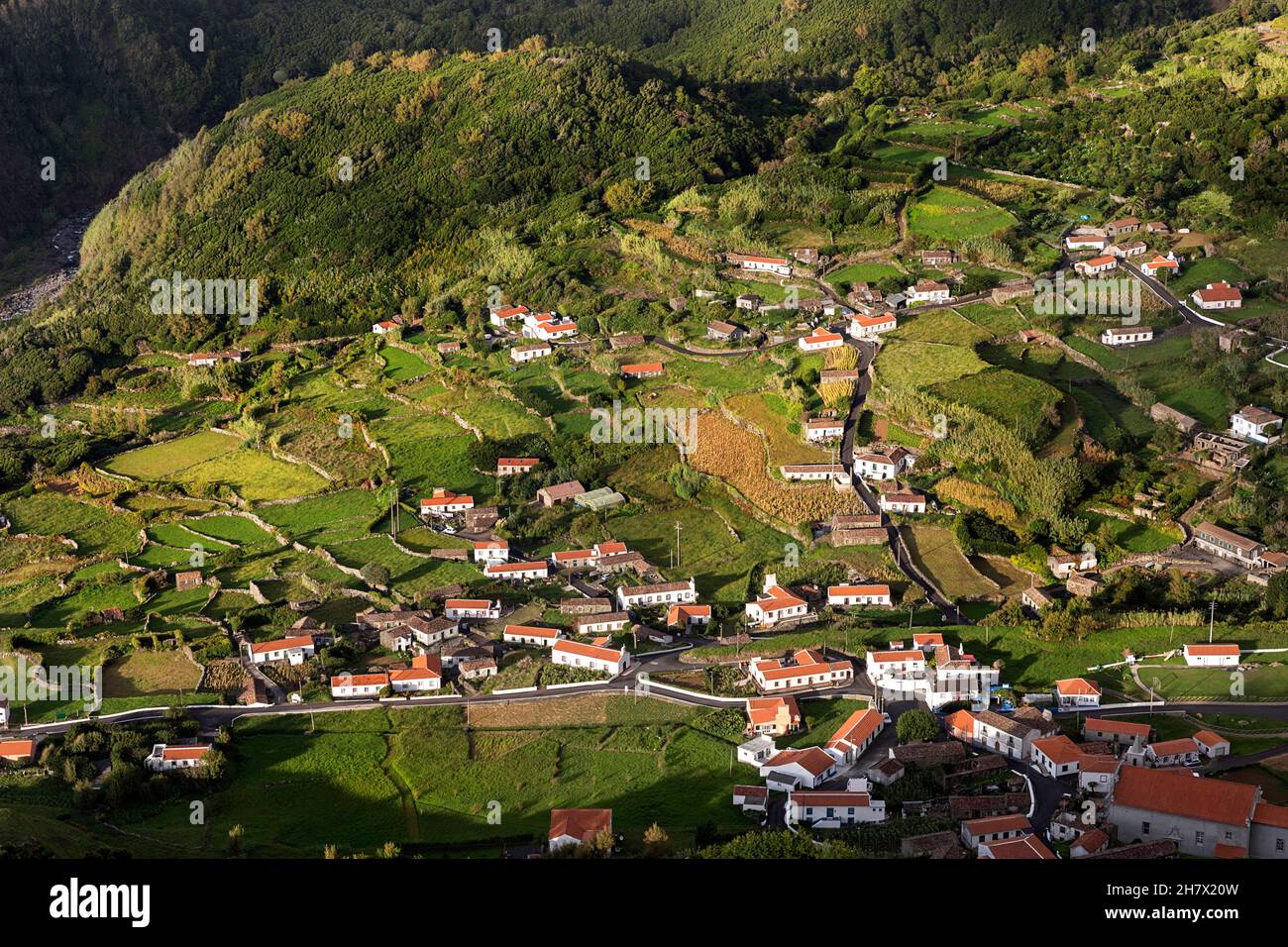 Aerial view of a Small traditional village of Fajãzinha on the western ...