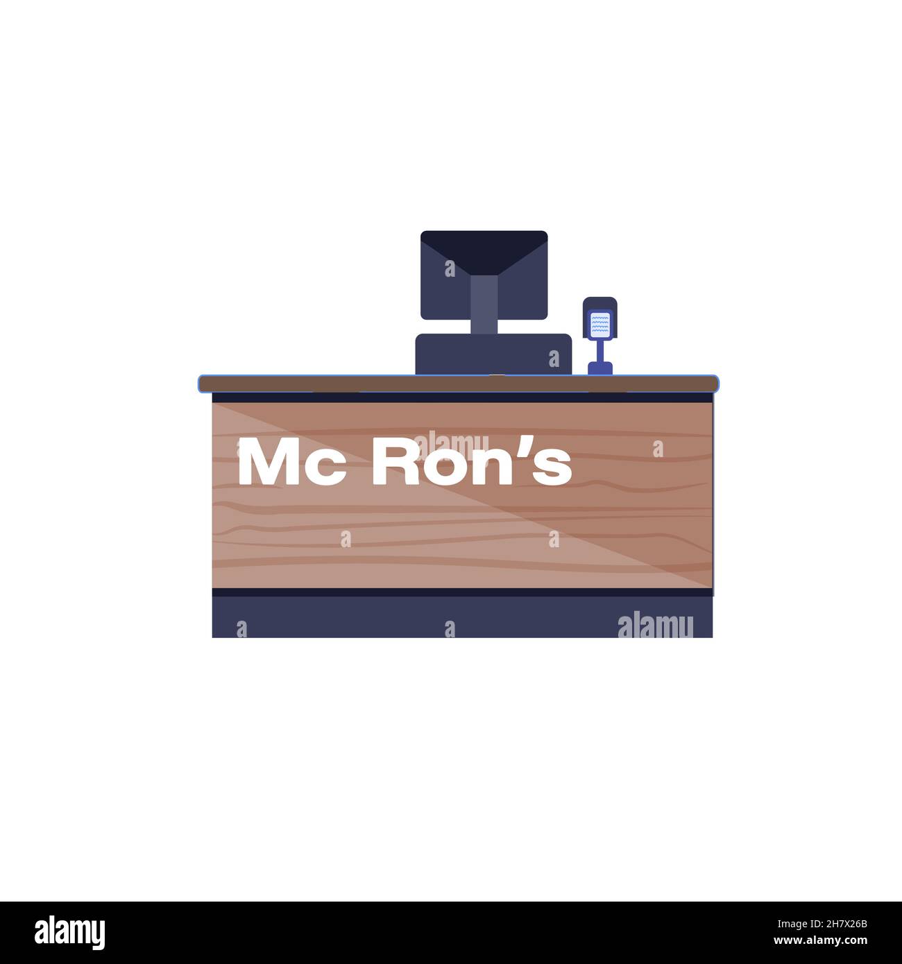 Flat cartoon computer on reception desk,electronic equipment,furniture ...