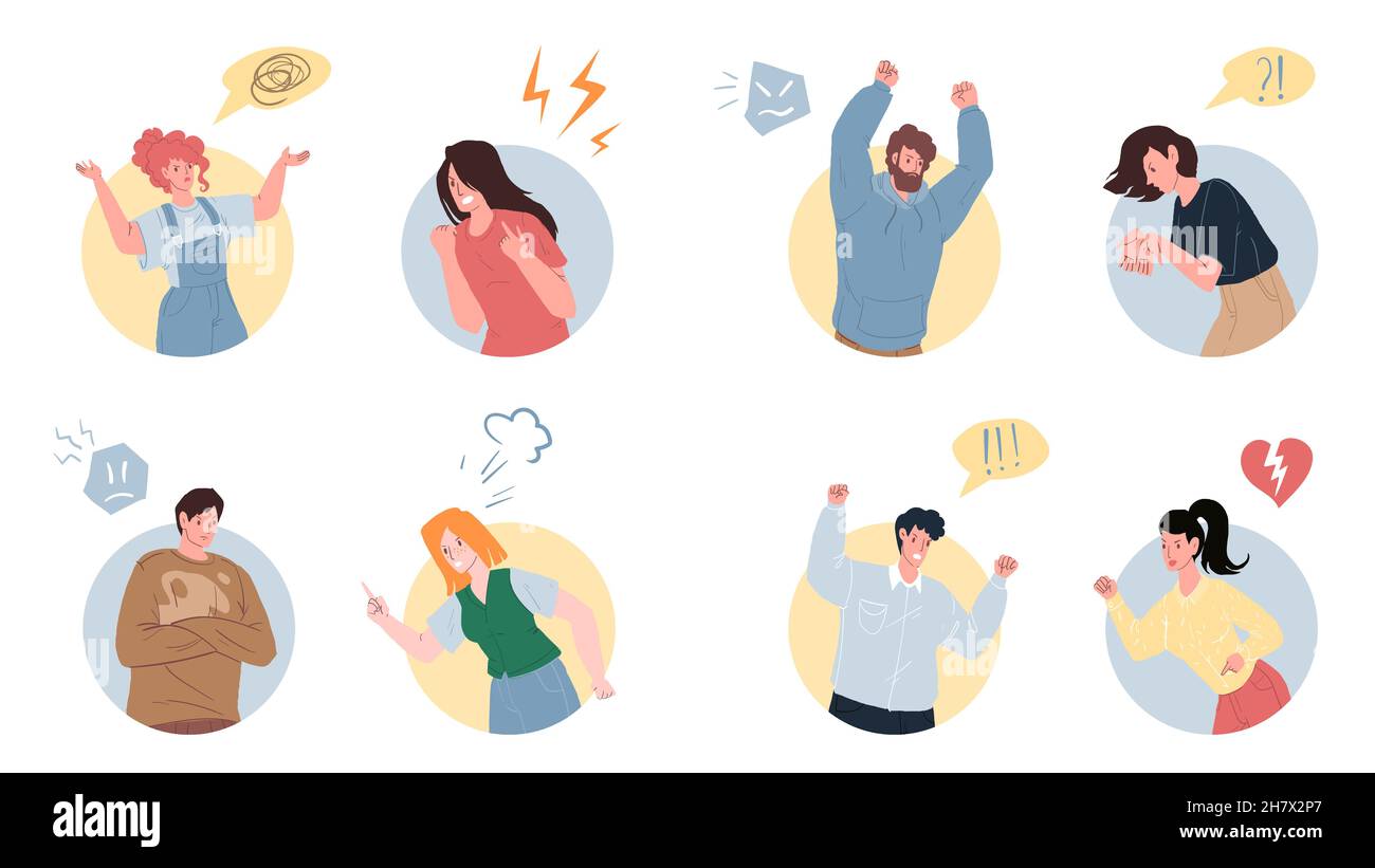 Flat cartoon characters set in aggressive mood, vector illustration ...