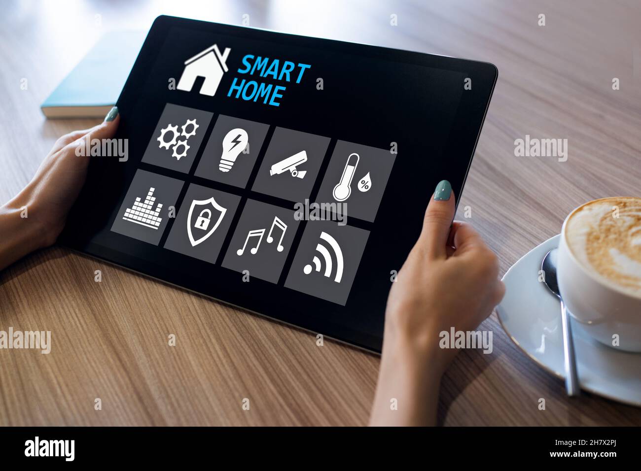 Smart home concept, control panel software on device screen Stock Photo ...