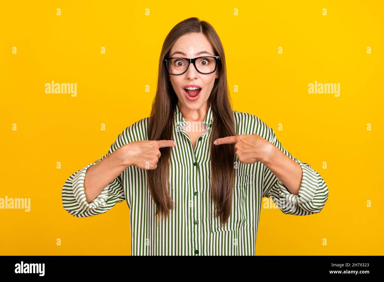 Photo of young pretty lady indicate fingers herself questioned face ...