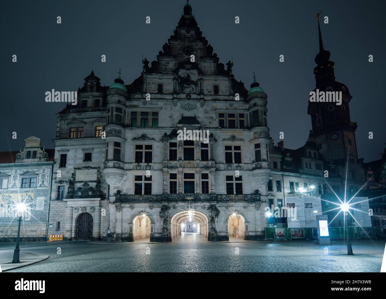 Streets of dresden at night. View of the historic Providentiae memor of ...