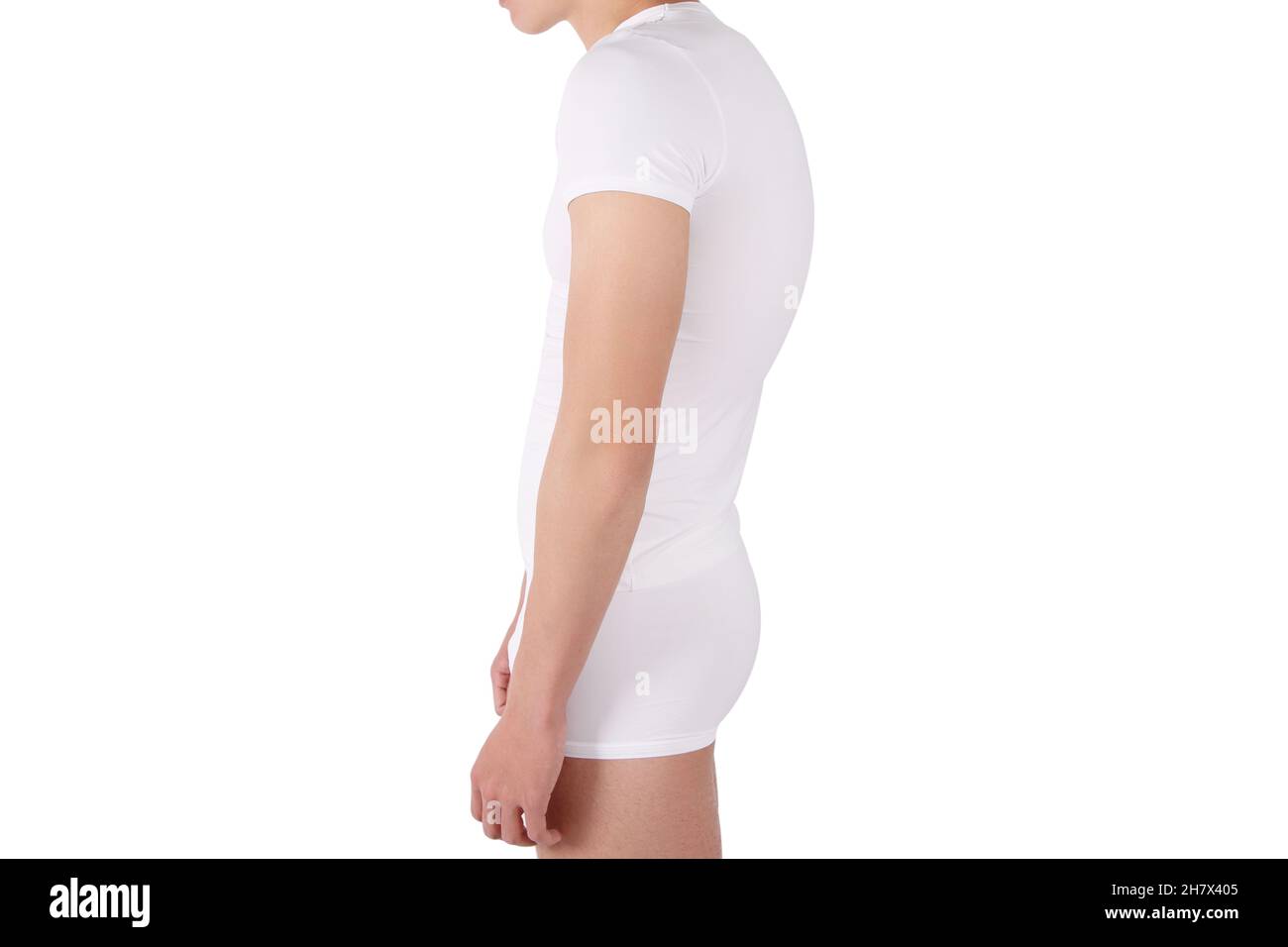 A man with an impaired posture, scoliosis defect and an ideal bearing ...