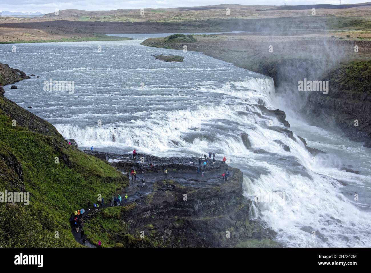 Gullfoss Falls, Golden Falls, drops 32 meters, 105 ft into a canyon ...