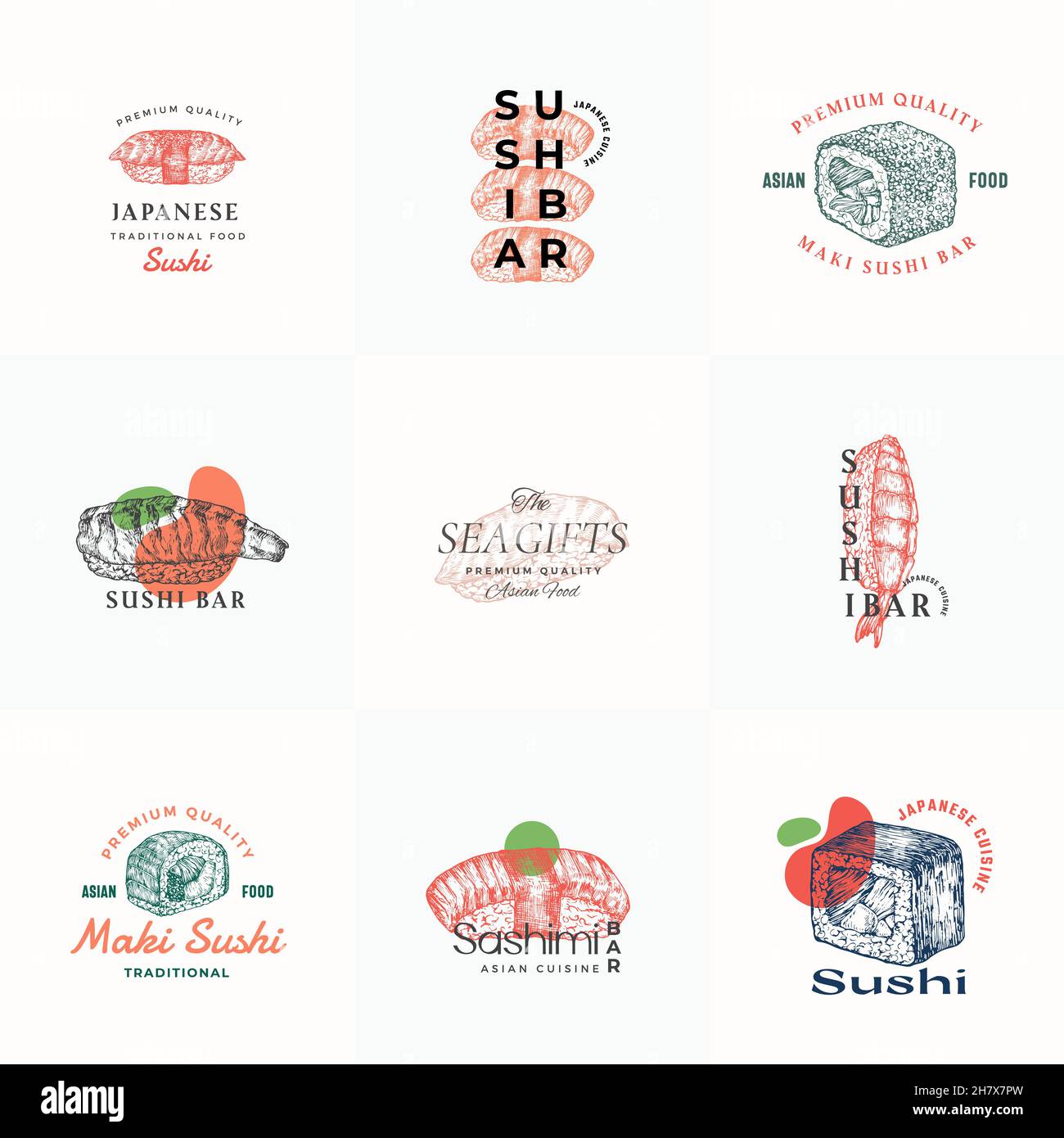 Traditional Asian Cuisine Vector Emblems Collection. Japanese Food ...