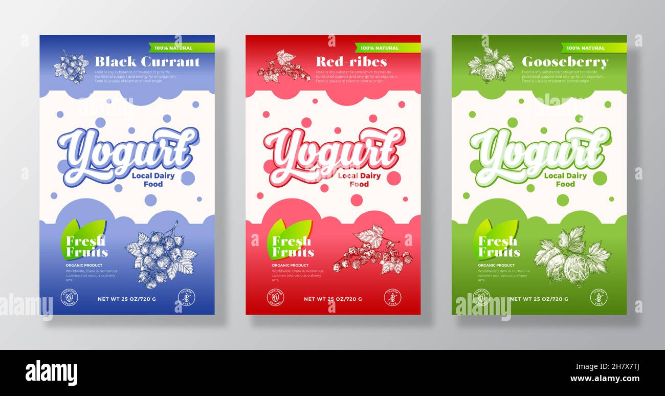 Fruits, Berries Yogurt Label Templates Set. Abstract Vector Dairy ...