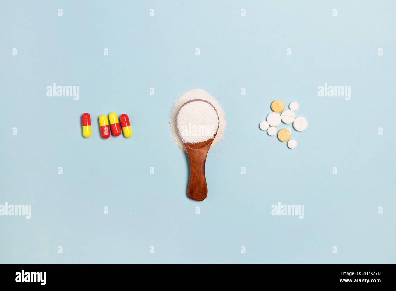 Pharmacy theme, different color medicine tablets antibiotic pills ...