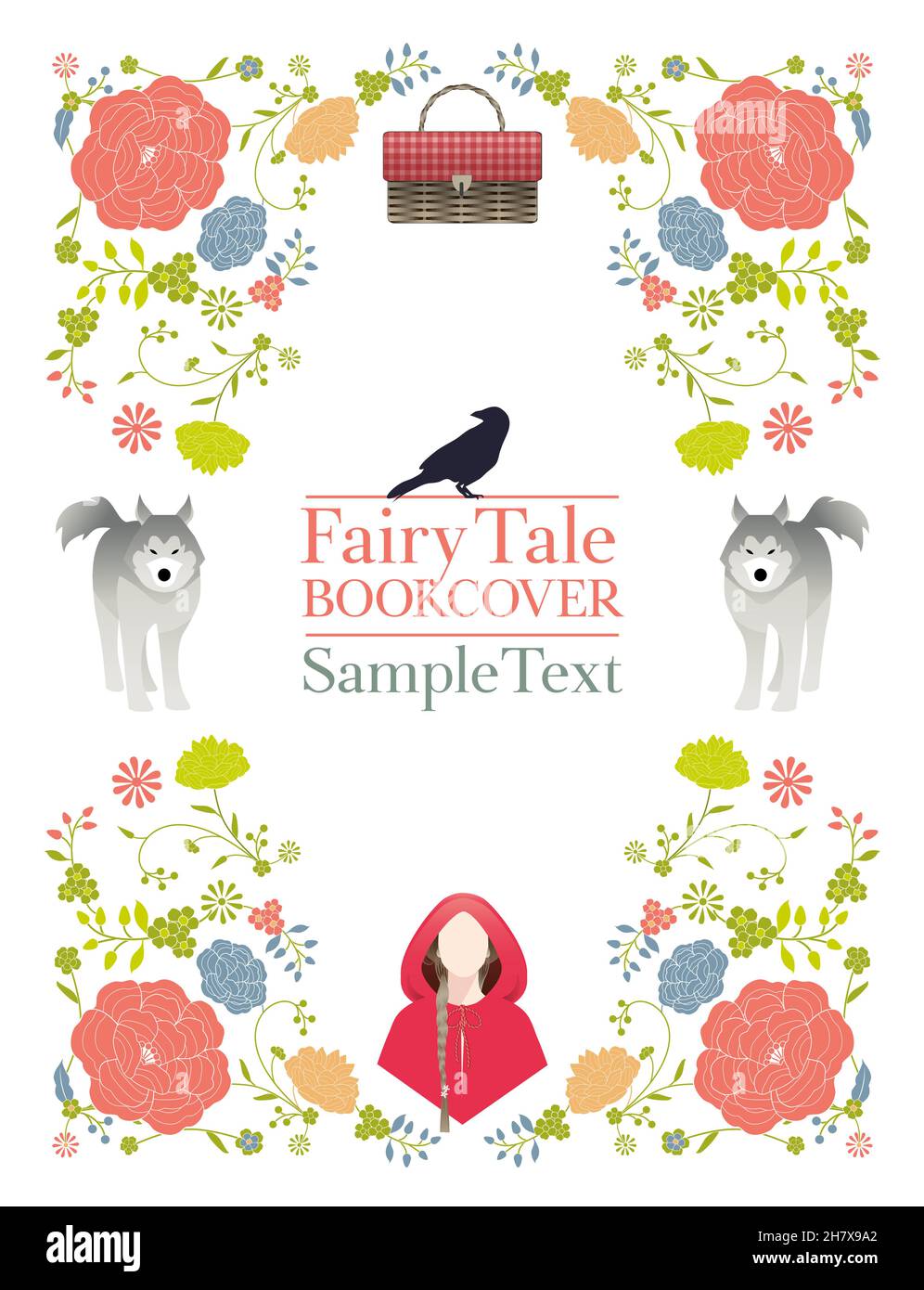 Ornamental frame of flowers, animals and little red riding hood ...