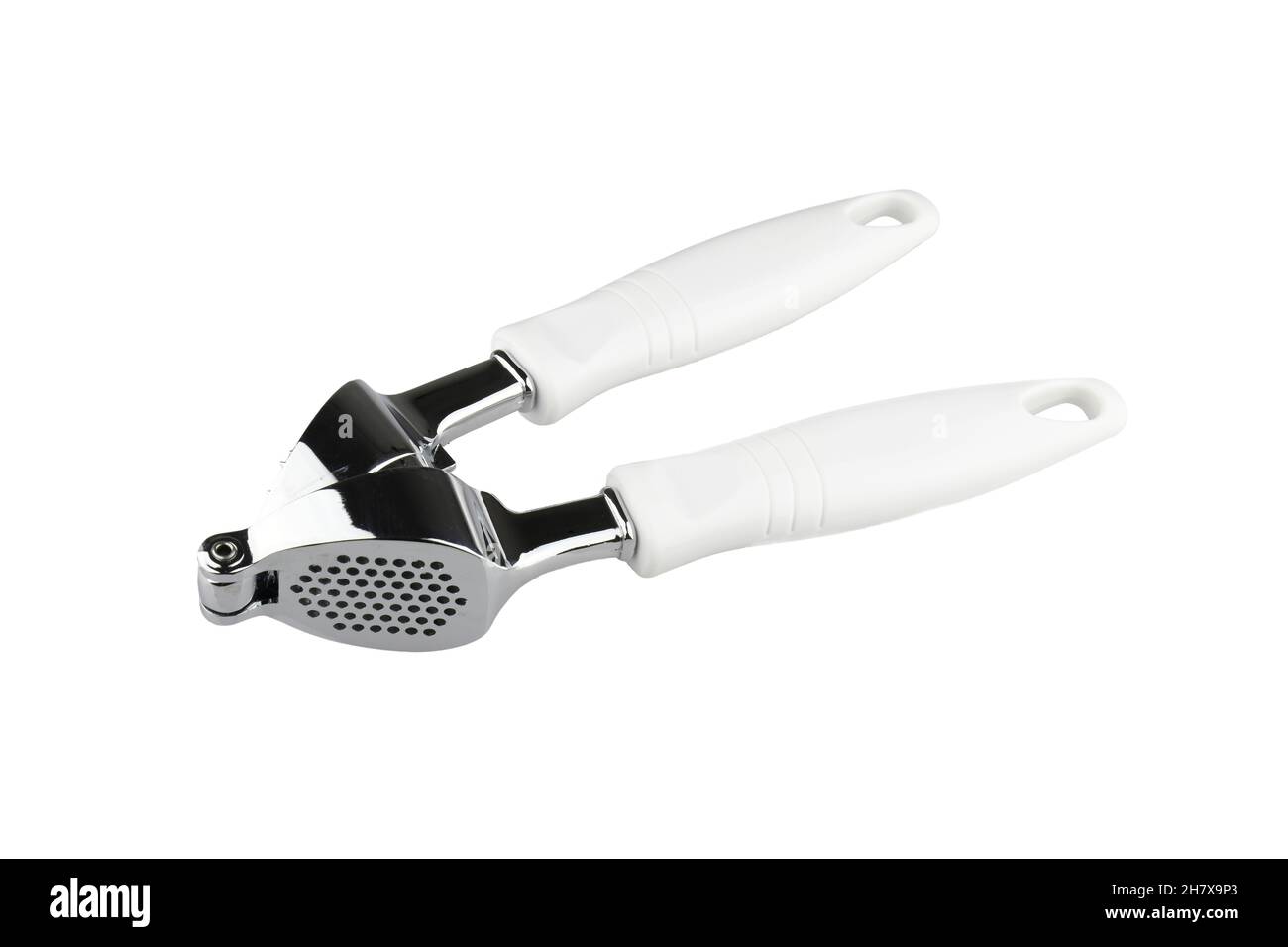 Stainless steel garlic press, with plastic handler, isolated on white ...