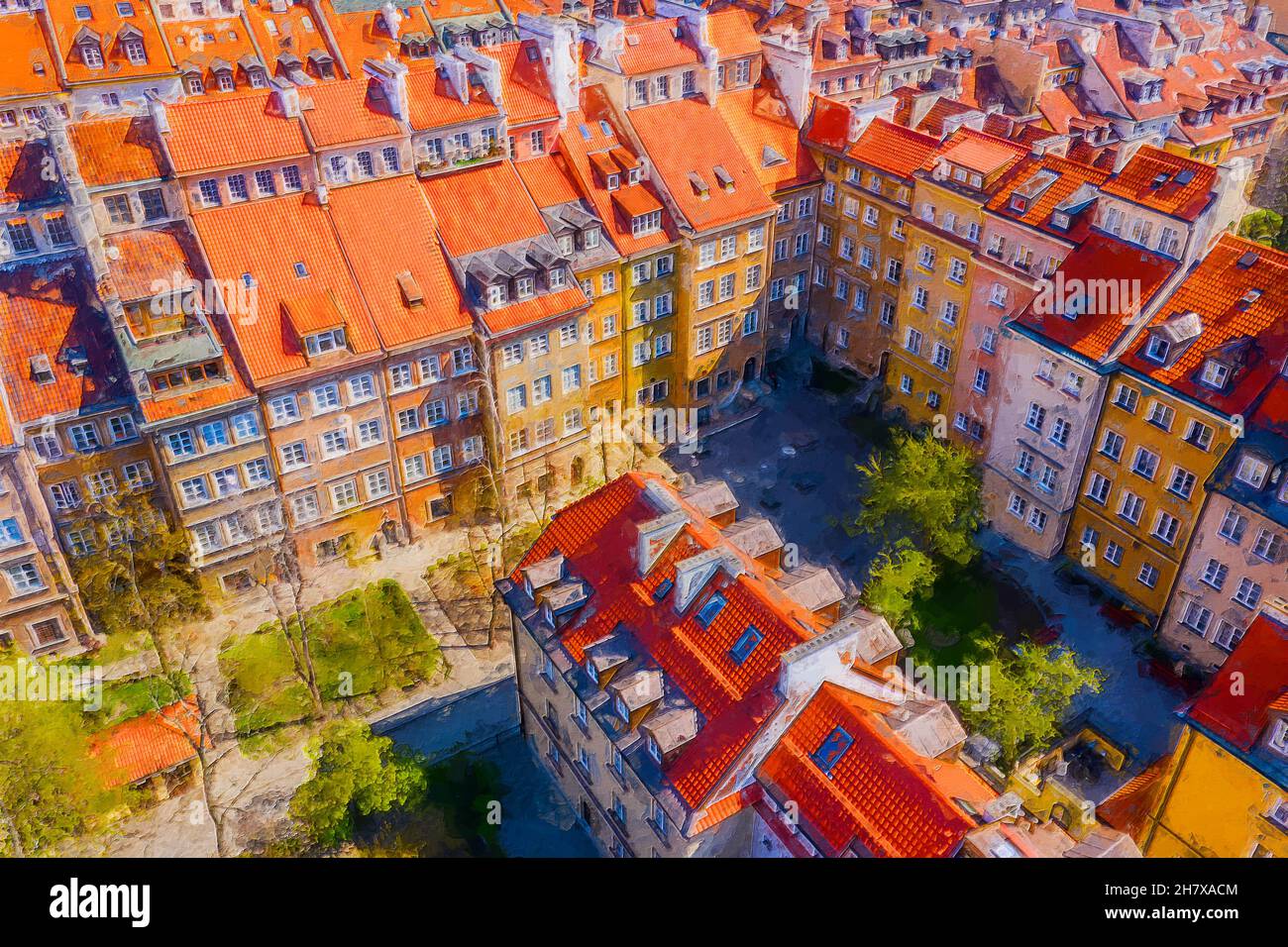 Painting of Old town historic street during sunny summer day town with ...