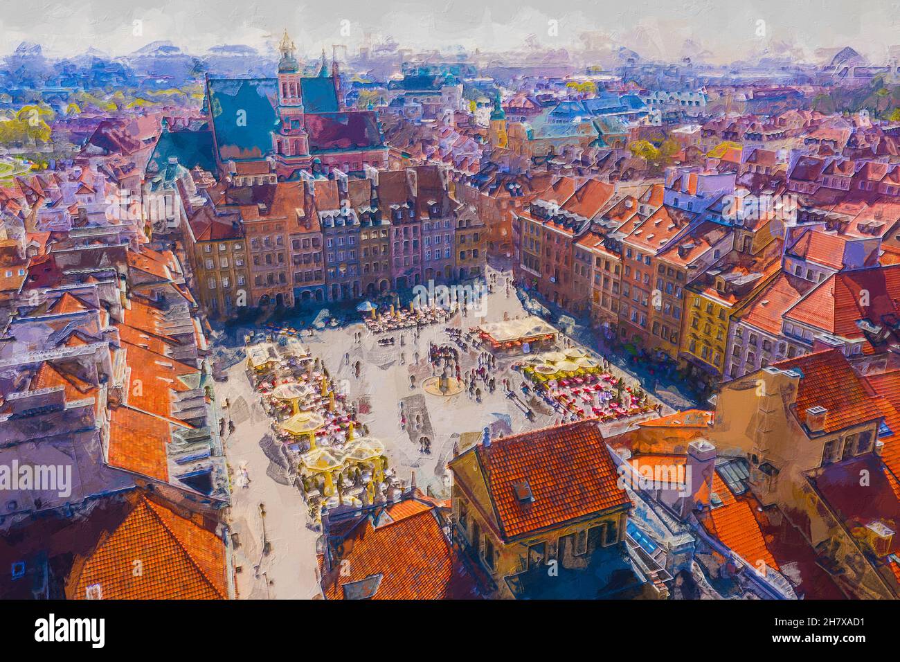 Painting of Old town market square with historic street during sunny ...