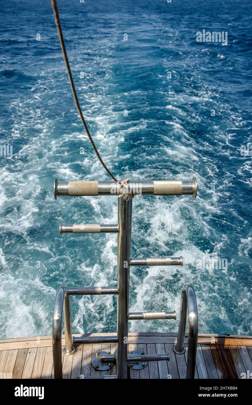 Sea view from stern of yacht. Trace on water from yacht's engine ...