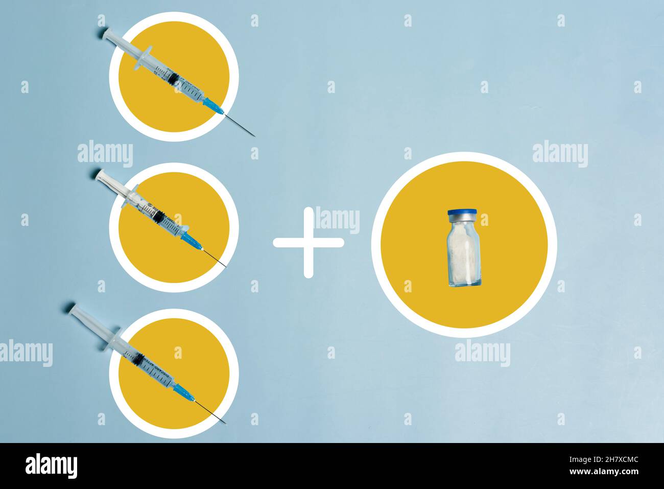 Syringes on bright blue background. Symbol of three Covid-19 booster ...