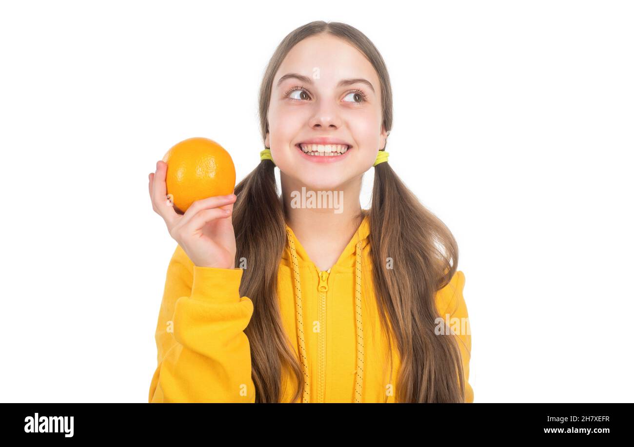 cheerful kid with citrus orange fruit full of vitamins isolated on ...