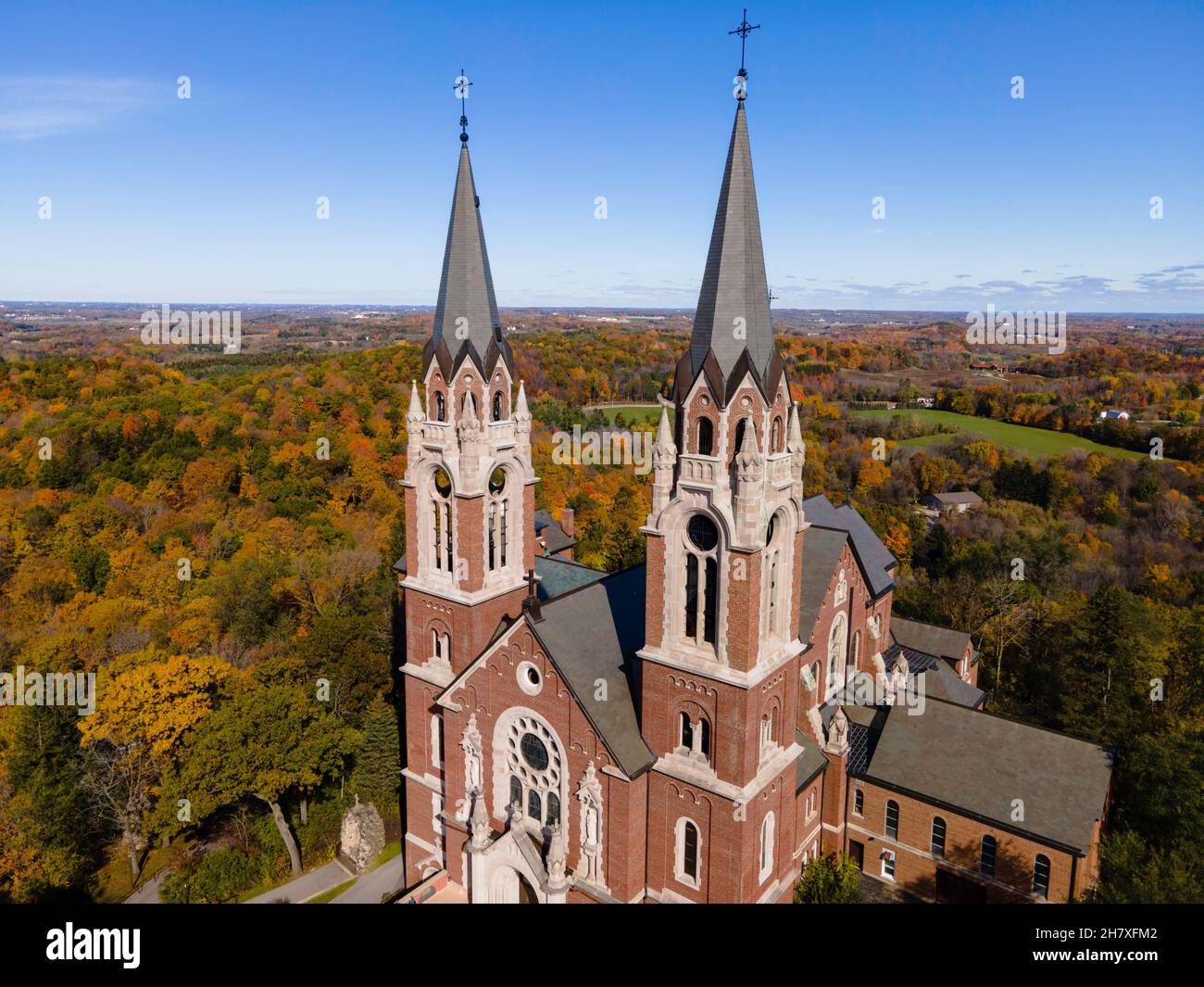 Aerial view of Holy Hill Basilica and National Shrine of Mary, on a ...