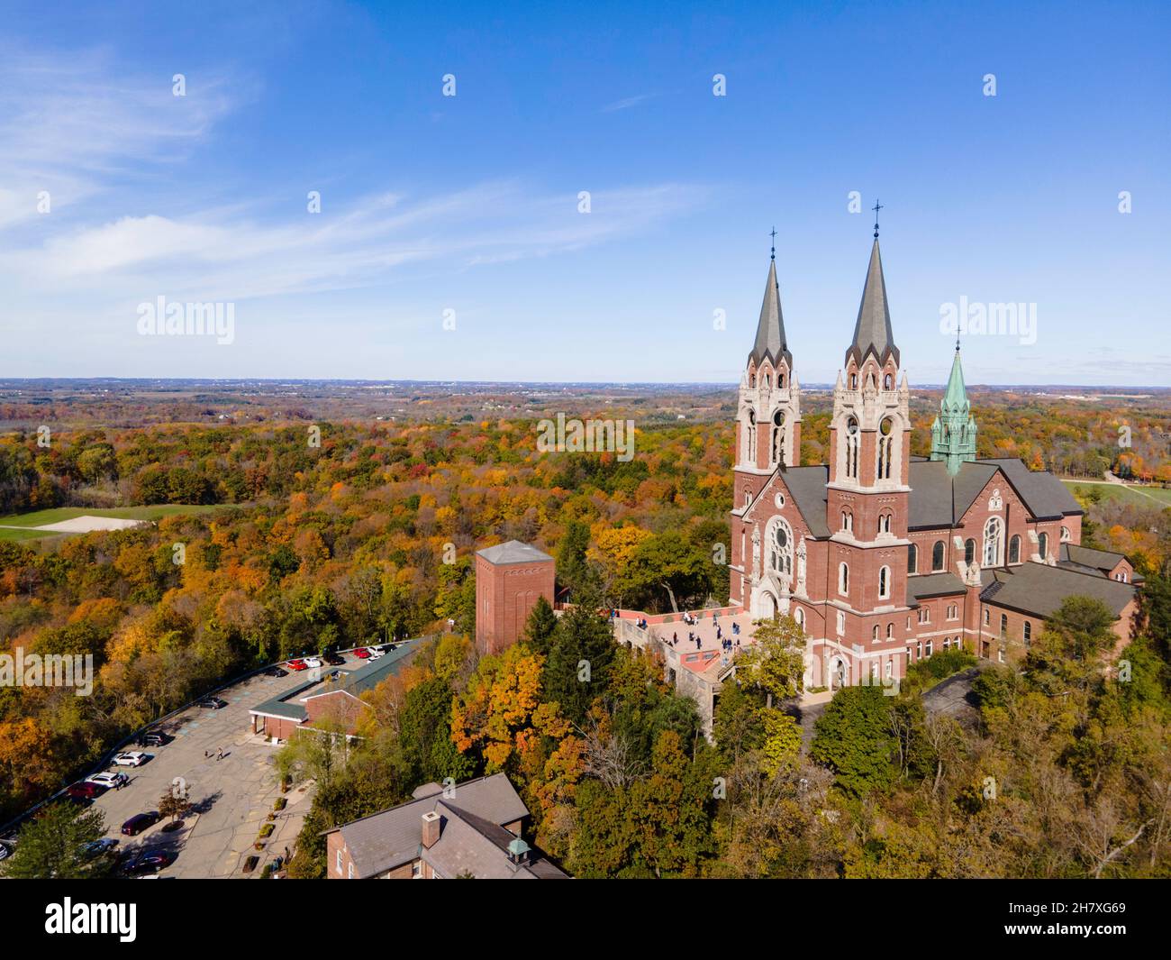 Aerial view of Holy Hill Basilica and National Shrine of Mary, on a ...