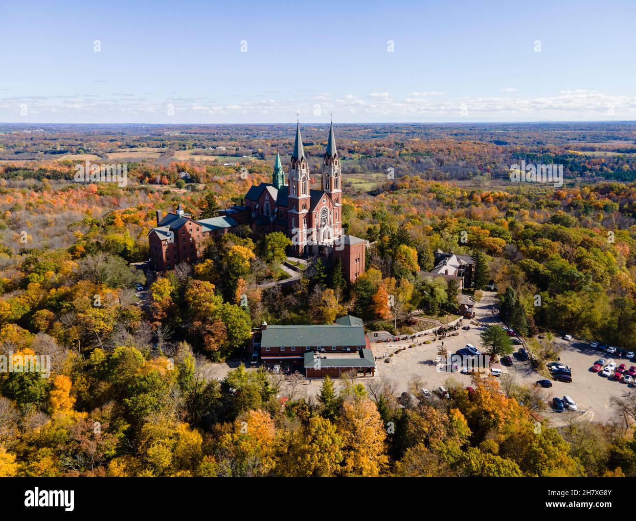 Aerial view of Holy Hill Basilica and National Shrine of Mary, on a ...