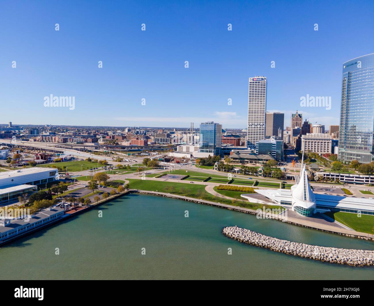 Aerial view of the Milwaukee Harbor and Discovery World; Milwaukee ...