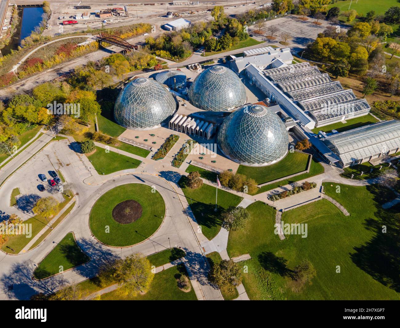 Aerial view of Mitchell Park Domes botanical garden; Milwaukee ...