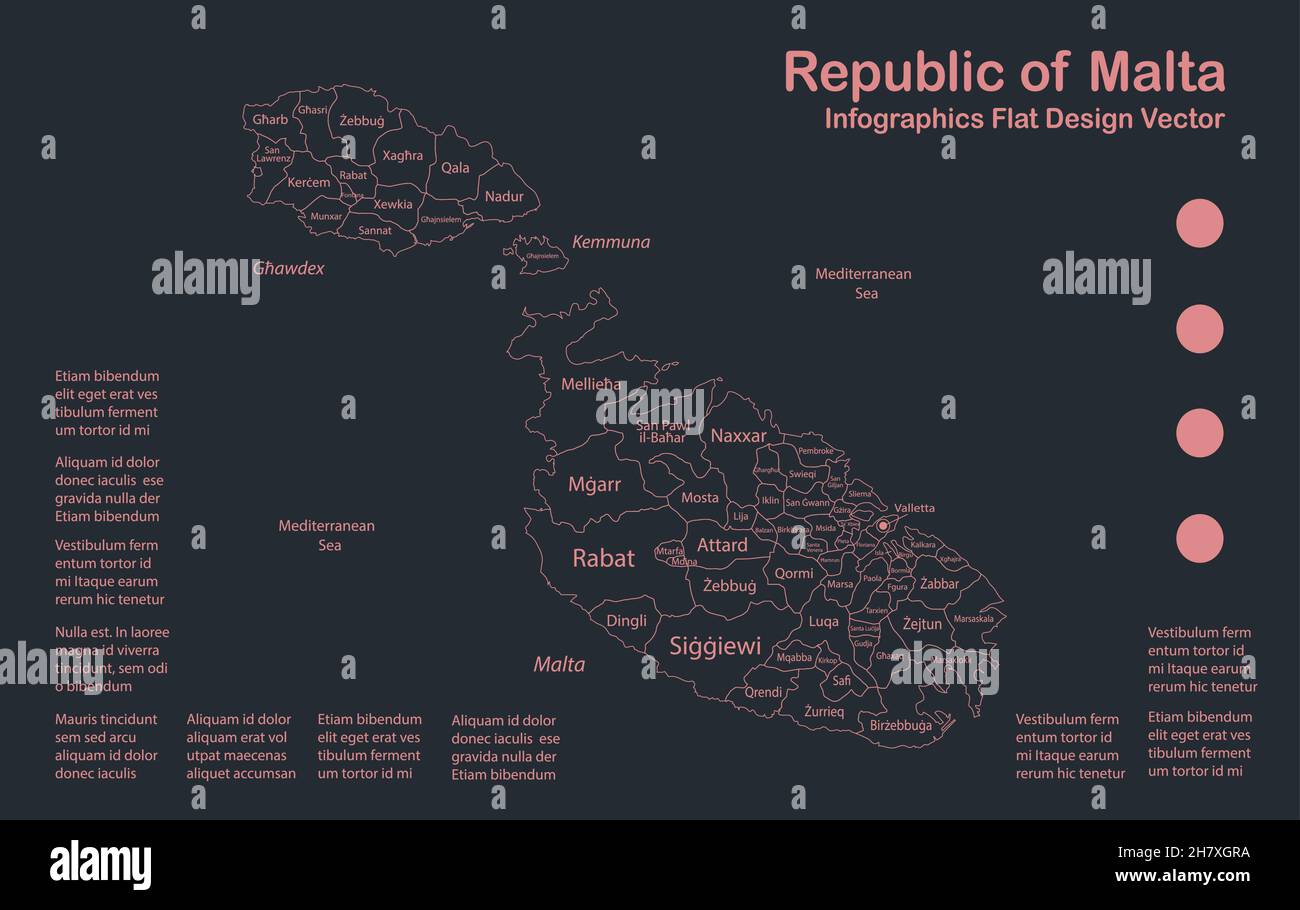 Infographics Malta map outline, flat design, color blue orange vector ...