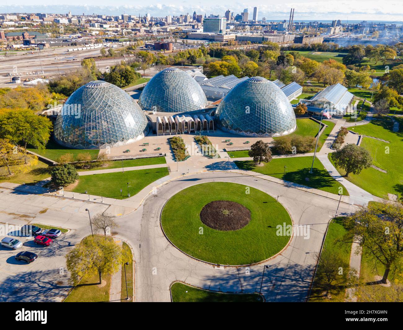 Aerial view of Mitchell Park Domes botanical garden; Milwaukee ...