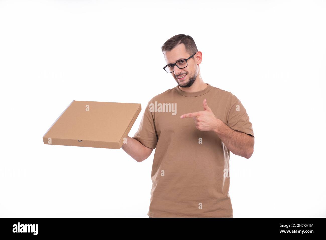 Man Holding Pizza. Man Pointing at Pizza Box. Pizza Commercial. Man ...
