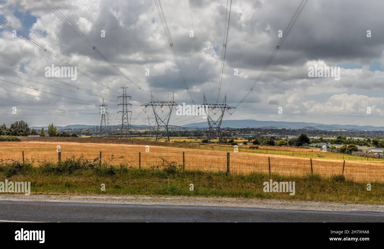 Hampton Park, Victoria. Australia. Landscape with a power line, one of ...