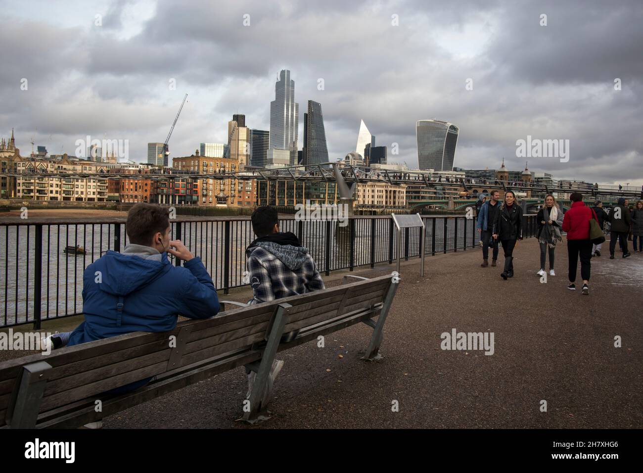 London, UK November 2021, South Bank waterfront view of the Thames and ...