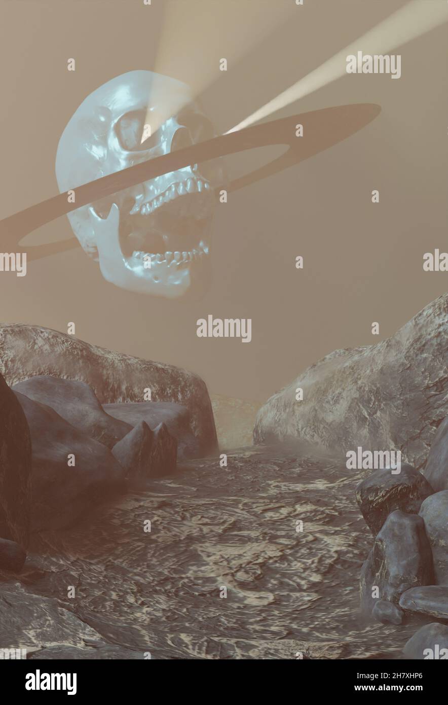 Fantastic illustration of a distant planet subsumed in death. 3d ...