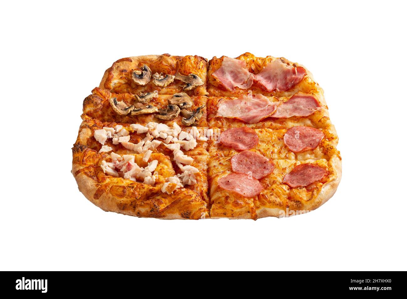 Delicious square shaped italian pizza with ham, sausages, chicken and ...