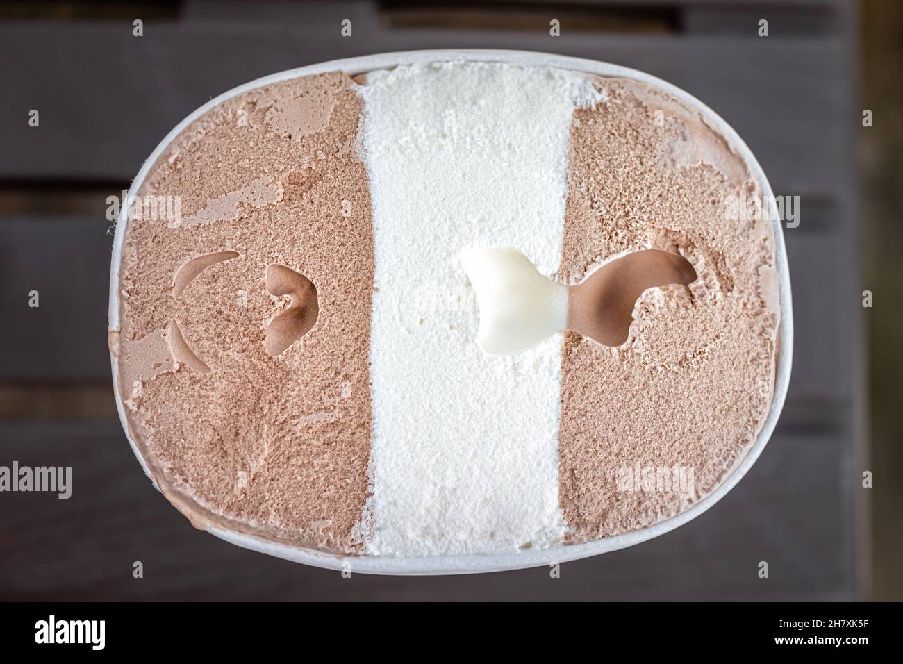 Flat top lay view of container carton of dark and milk chocolate ...