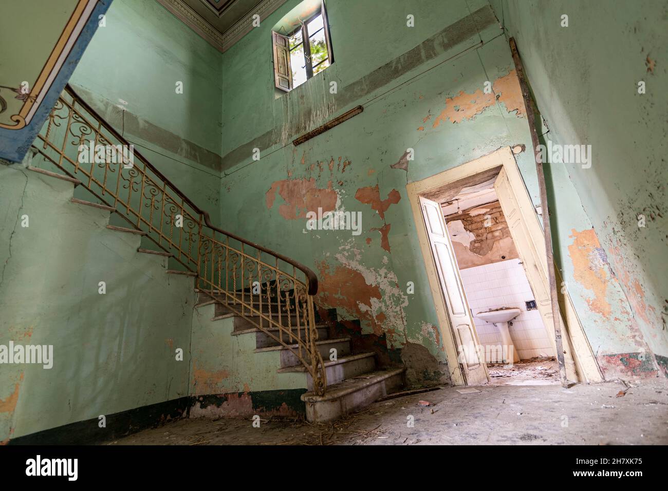 Interior of a decaying abandoned house. Art nouveau colors. Window ...