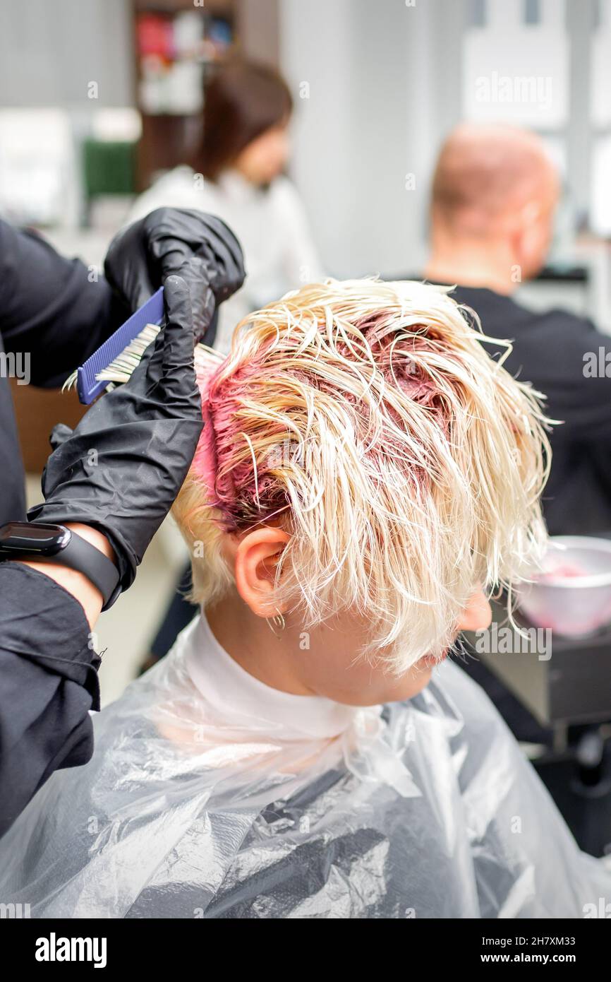 The professional hairdresser uses a brush to apply the pink dye to the ...