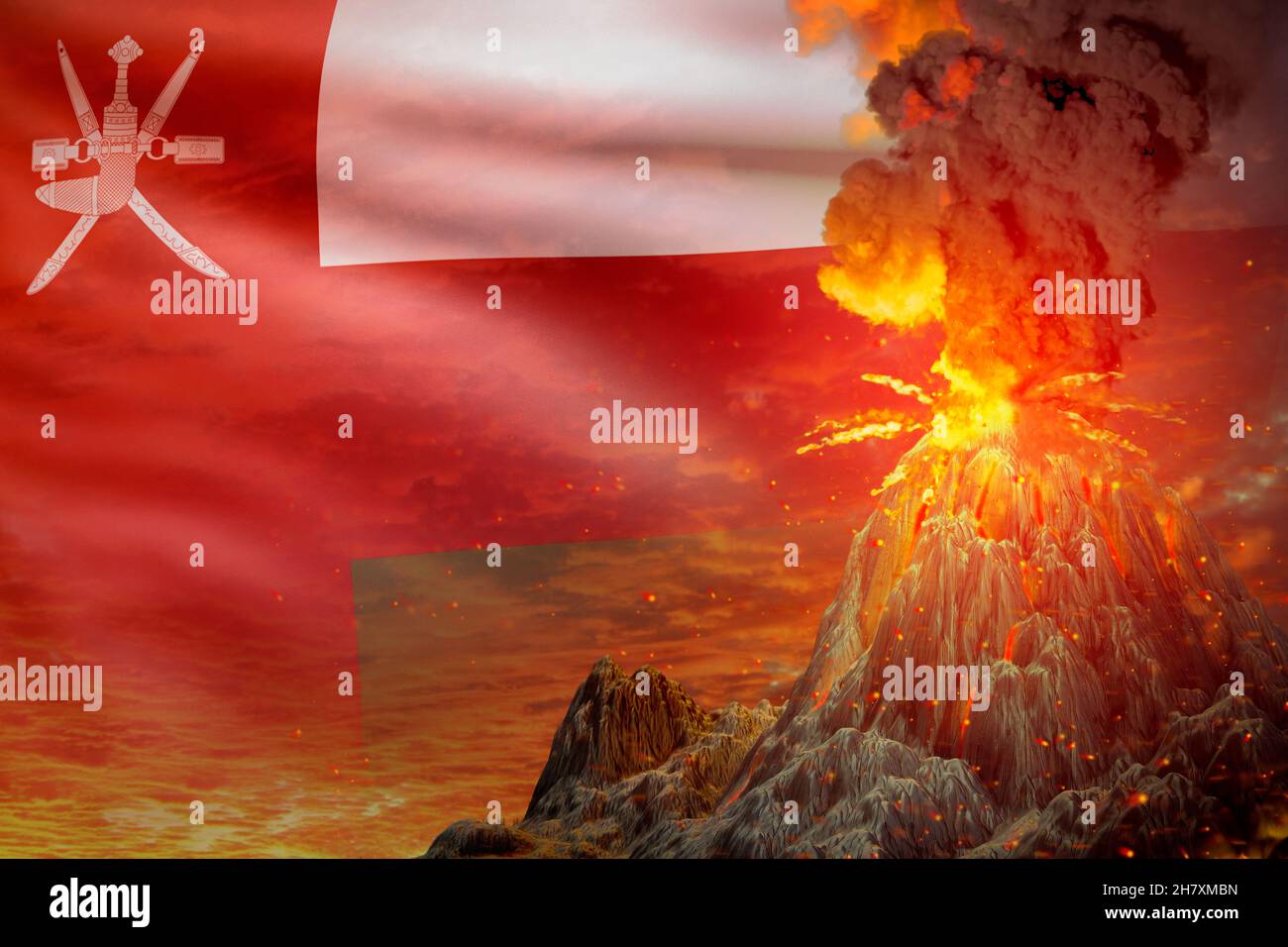 high volcano blast eruption at night with explosion on Oman flag ...
