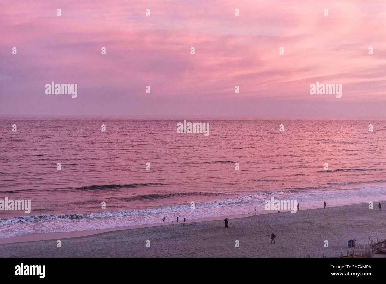 Myrtle Beach with aerial high angle view on Atlantic ocean at sunset ...