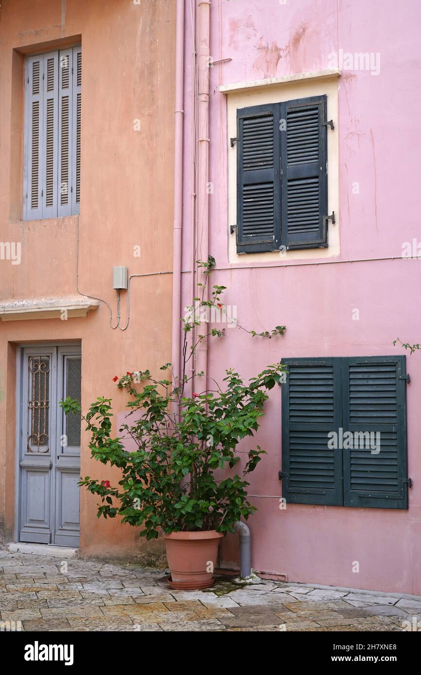beautiful traditional greek street with flowers Stock Photo - Alamy