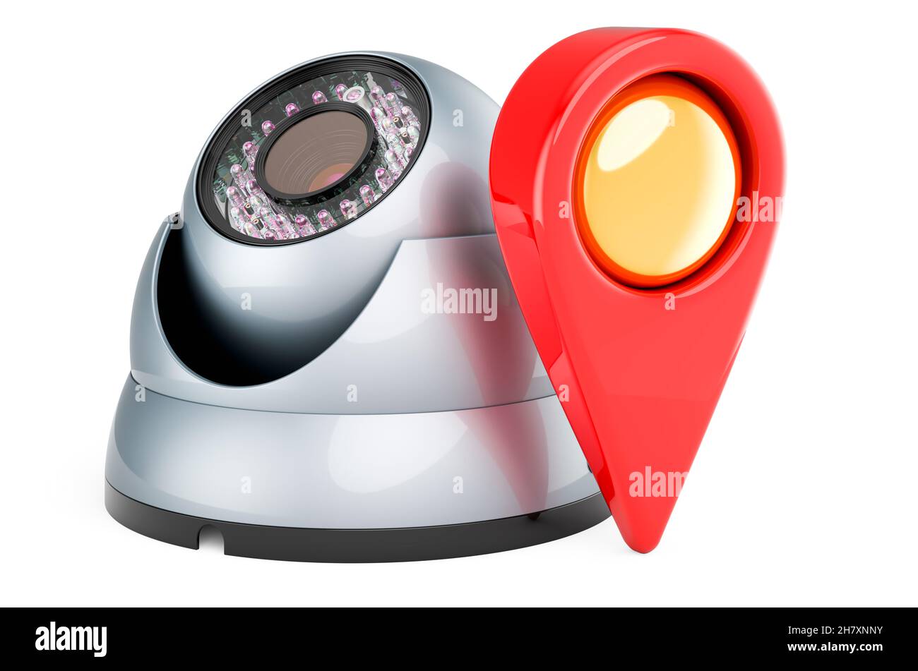Dome security camera with map pointer. 3D rendering isolated on white ...