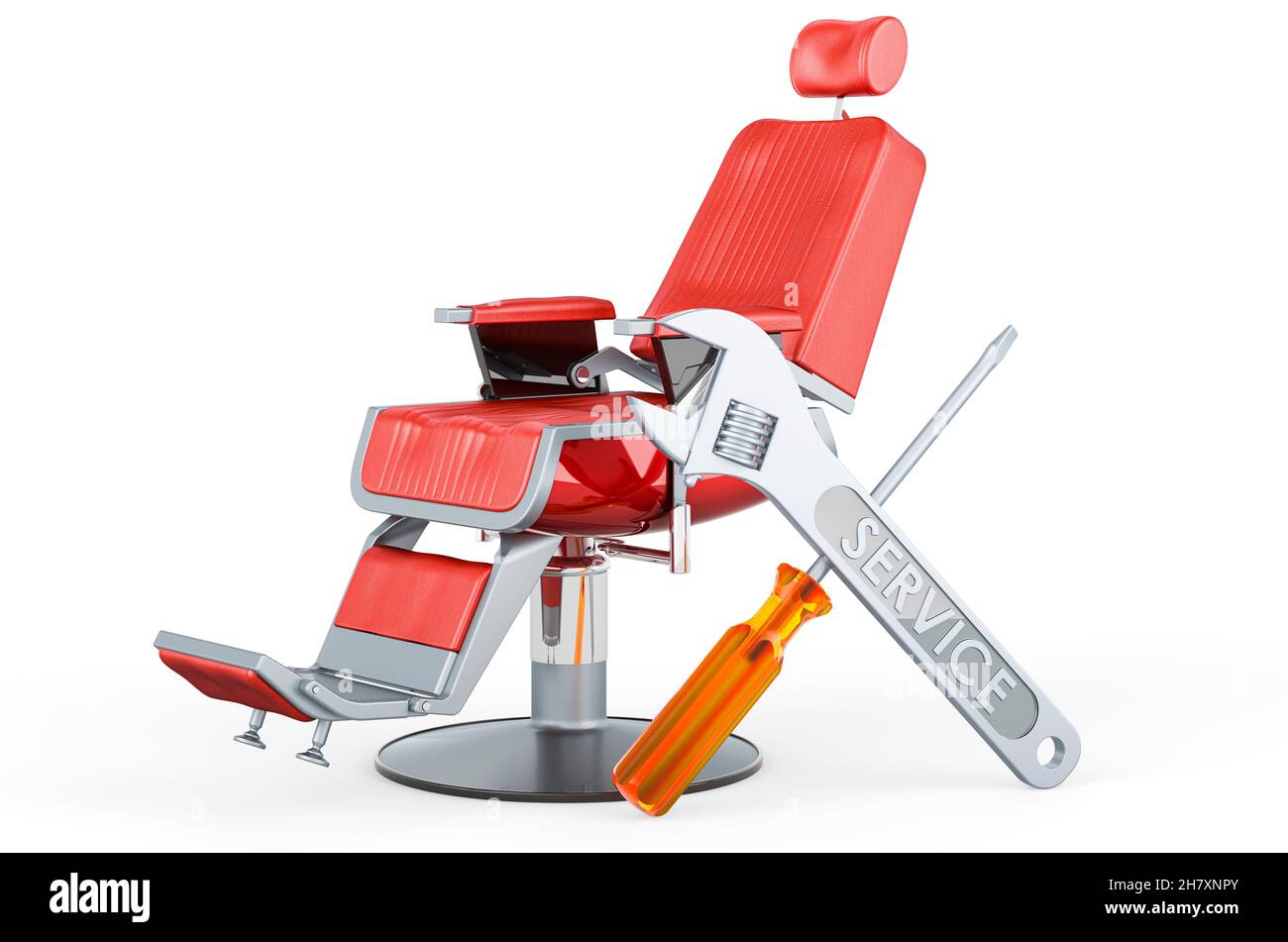 Barber chair with screwdriver and wrench, 3D rendering isolated on ...