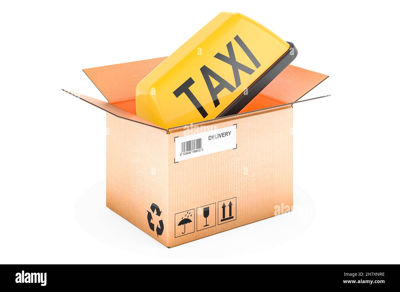 Taxi sign inside cardboard box, cargo taxi concept. 3D rendering ...
