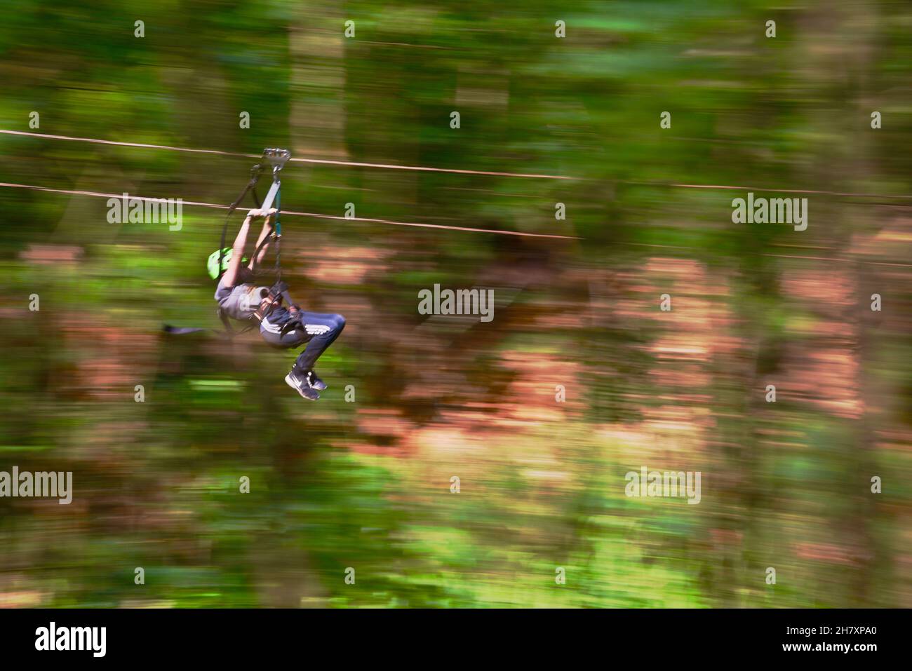 Fast moving motion, thrill and excitement of zipline run down tropical ...