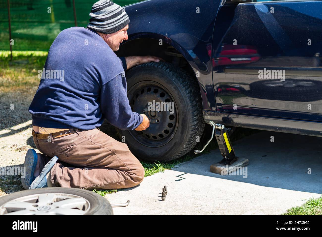 Automotive mechanic lifting car with floor jack car lift. Vehicle ...