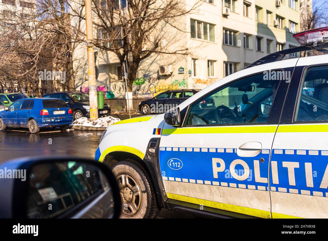 Romanian police (Politia Rutiera) car patrolling streets in Bucharest ...