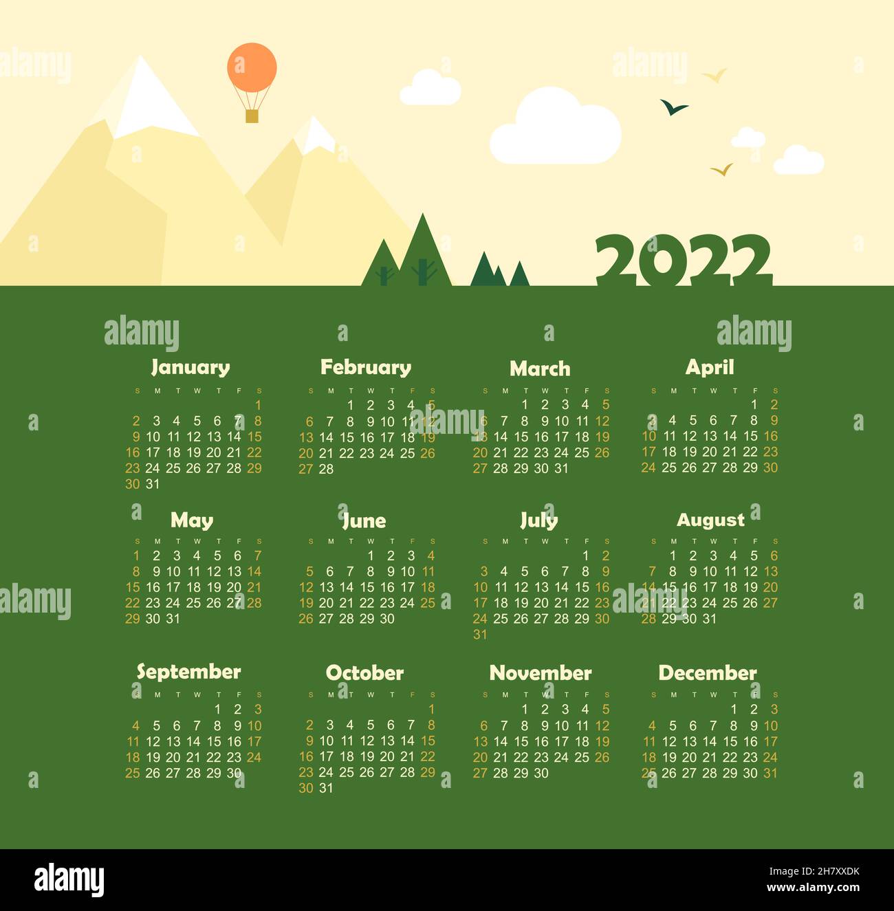 Calendar 2022 year with Mountain Landscape. Color vector template. Week ...