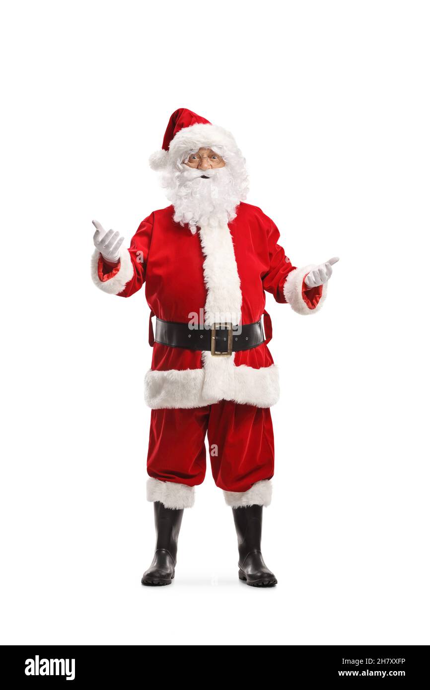 Full length portrait of Santa Claus standing and gesturing with both ...