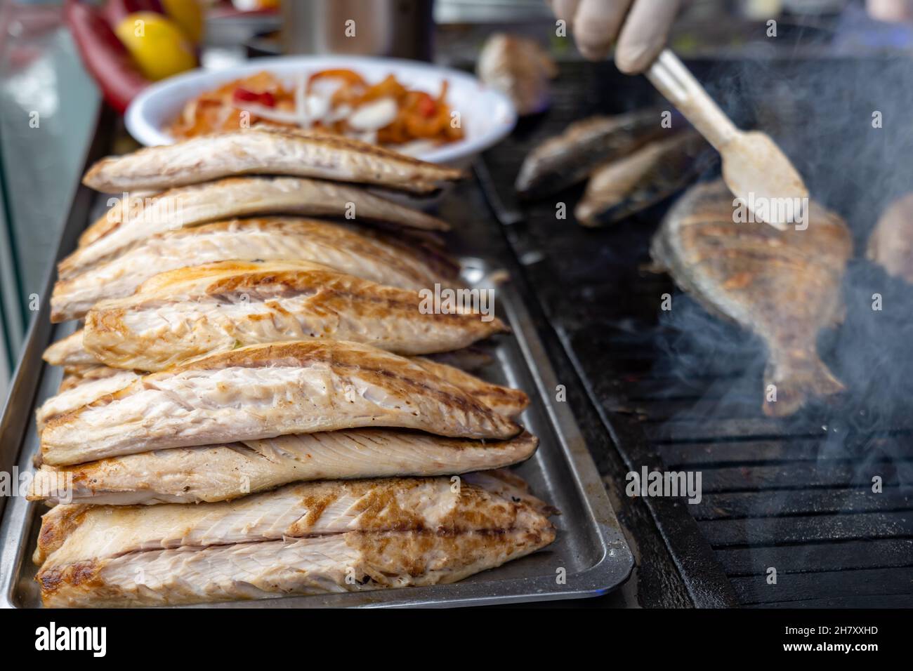 Grilled fish in Istanbul. Grilled mackerel for the popular street food ...